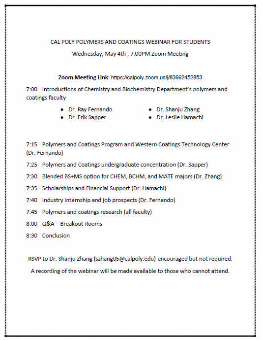 CalPoly Polymers and Coatings Master's Program Webinar - Materials Engineering - Cal Poly, San ...